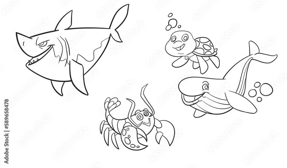 Sea animals group coloring page. Ocean fish, octopus, dolphin, shark ...