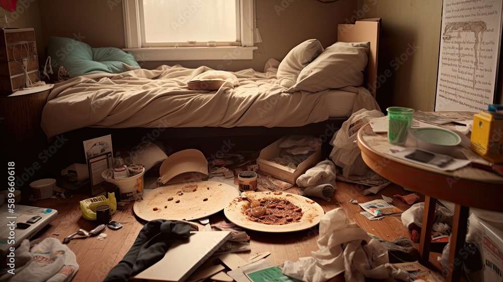 unmade bed, dirty laundry, pizza box, messy teenage room, realistic ...