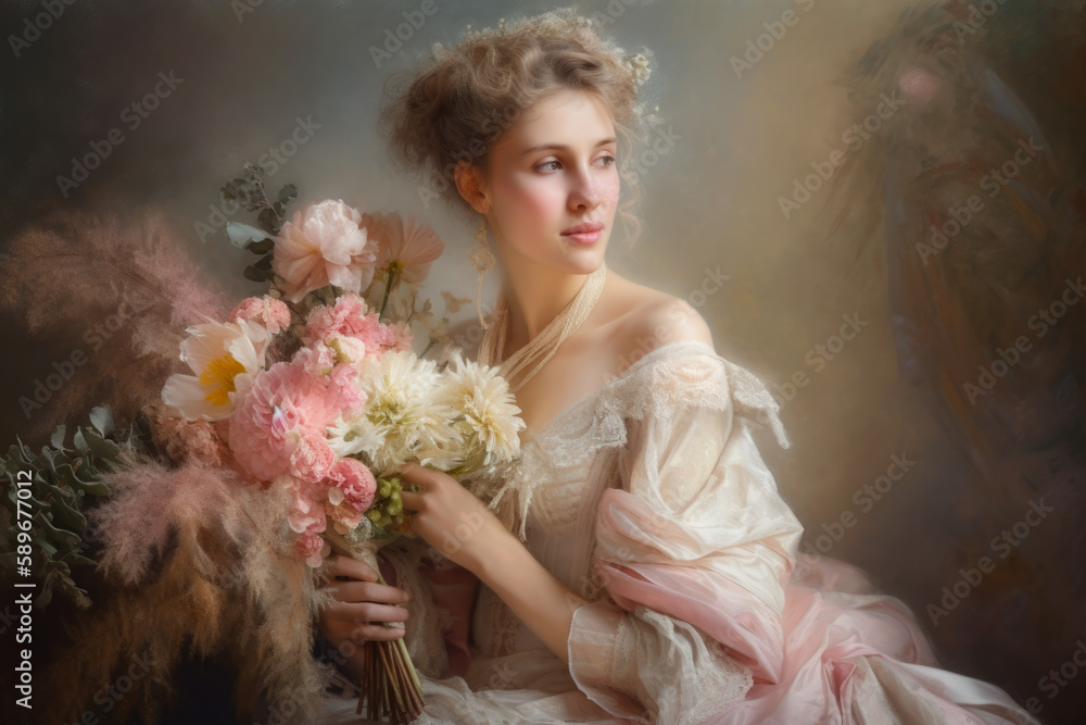 Rococo-inspired portrait of a woman, painted in a romantic and dreamy ...