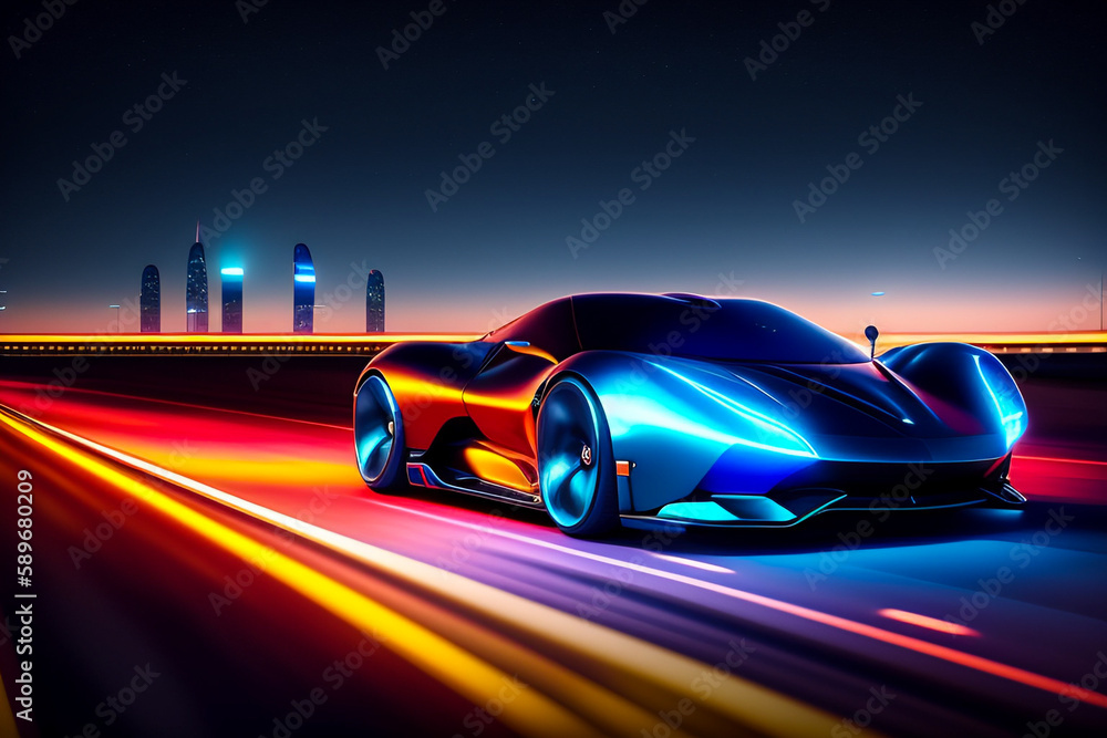 Aerial drone after a futuristic 3D concept car. Autonomous self-driving ...