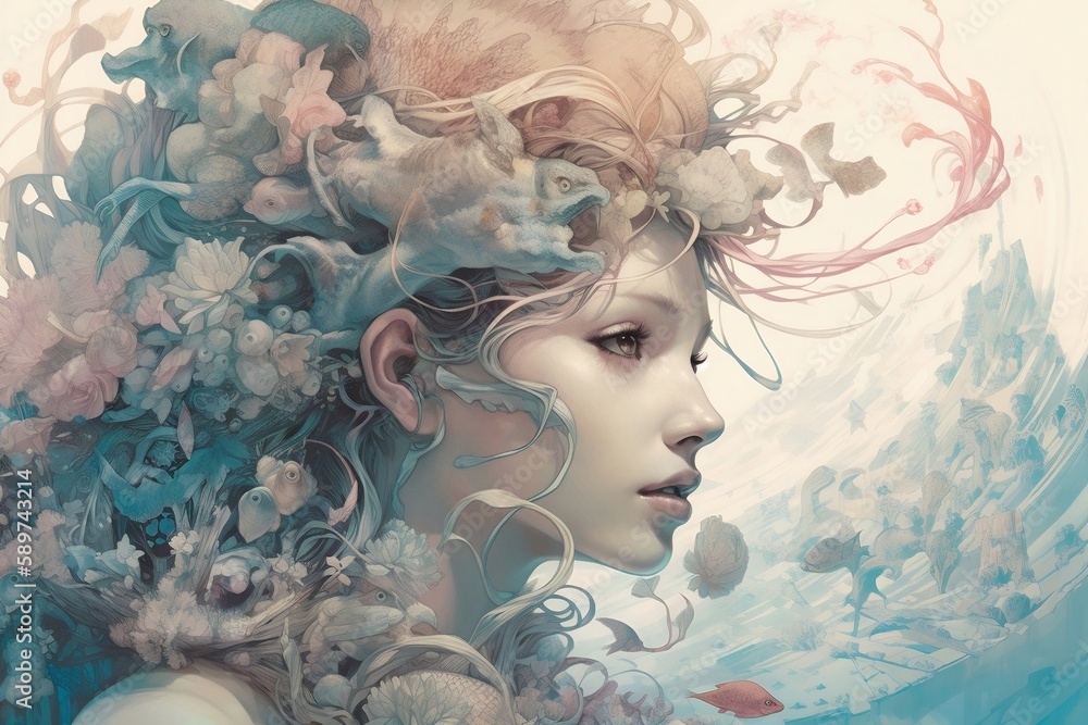 Ocean-themed pastel poster, ocean punk, gorgeous and luxurious goddess ...