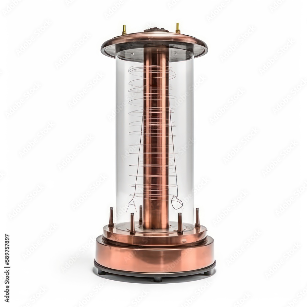 Tesla coil isolated on a white background, high-voltage electrical ...