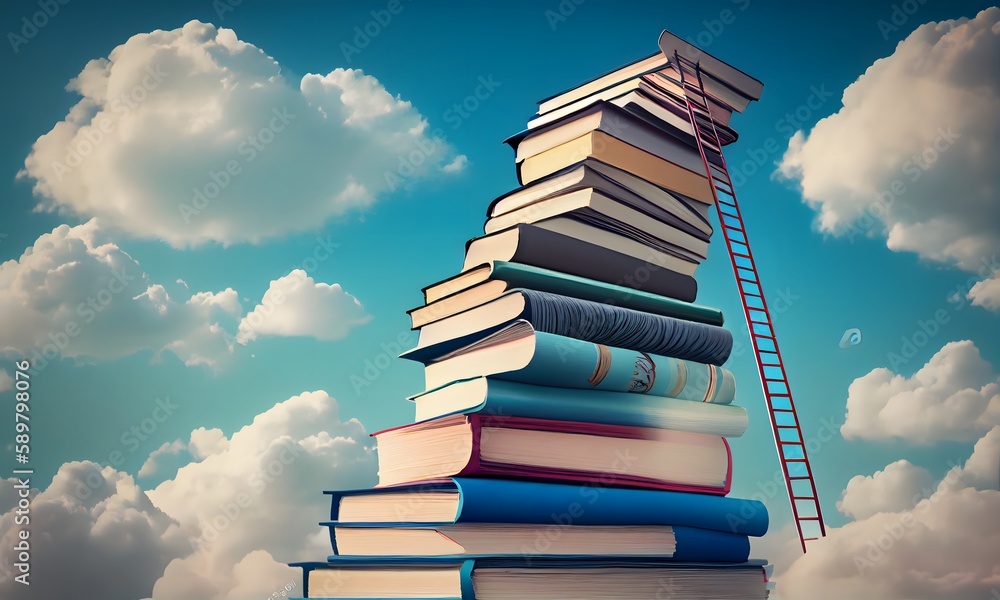 Abstract book stack with ladder on sky with clouds background. Ladder ...