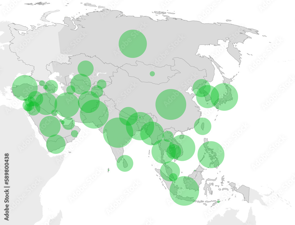 Map of the Asia continent with green transparent circles representing ...