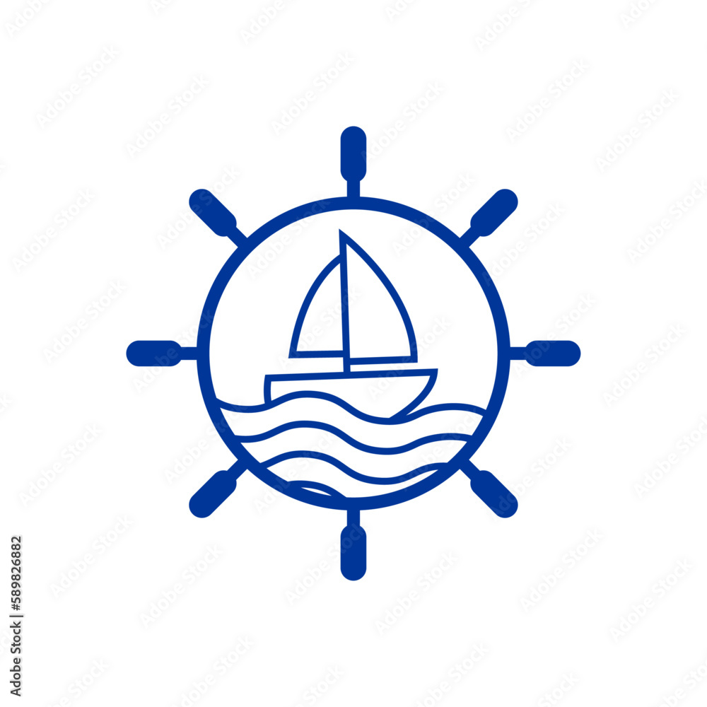 Logo Nautical. Timón de barco lineal con olas de mar y barco de vela の ...