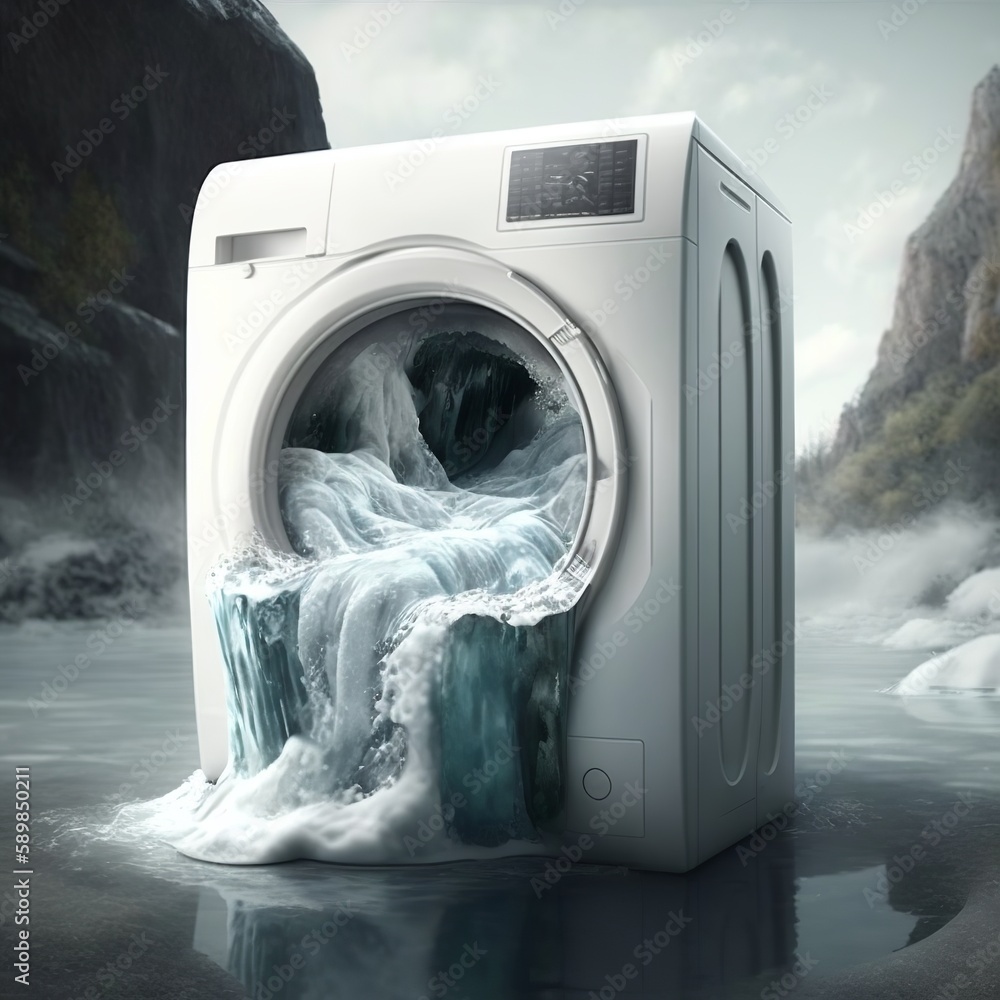 the water flows out of the washing machine, like a waterfall in lake ...
