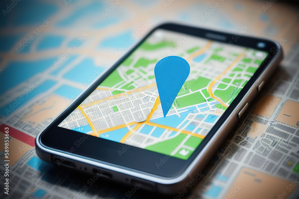 Map GPS navigation, Smartphone map application and location pin place marker pinpoint on screen ...