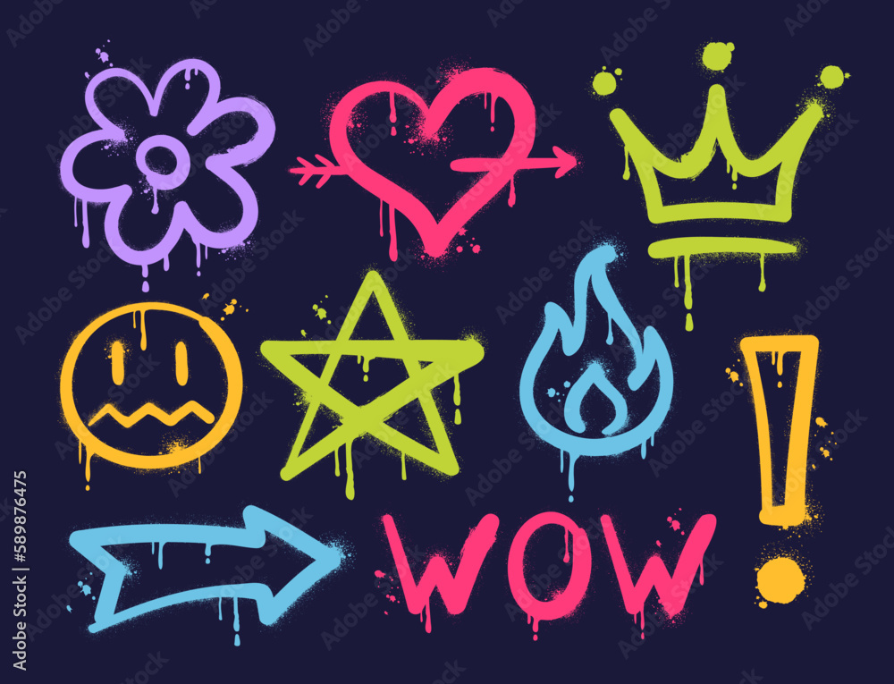 Set of colorful graffiti spray pattern. Bright street art with ...