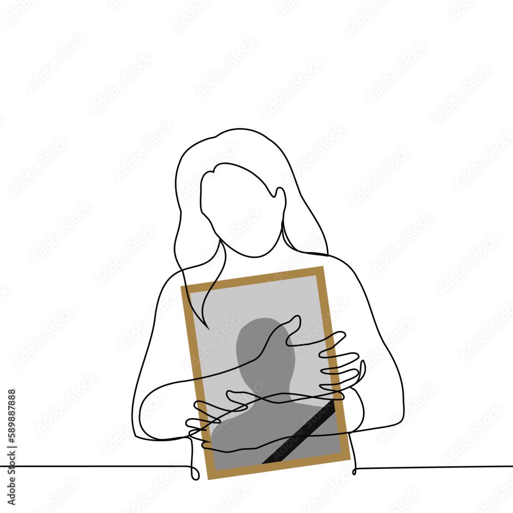 woman cuddles deceased person photo - one line vector drawing. concept ...