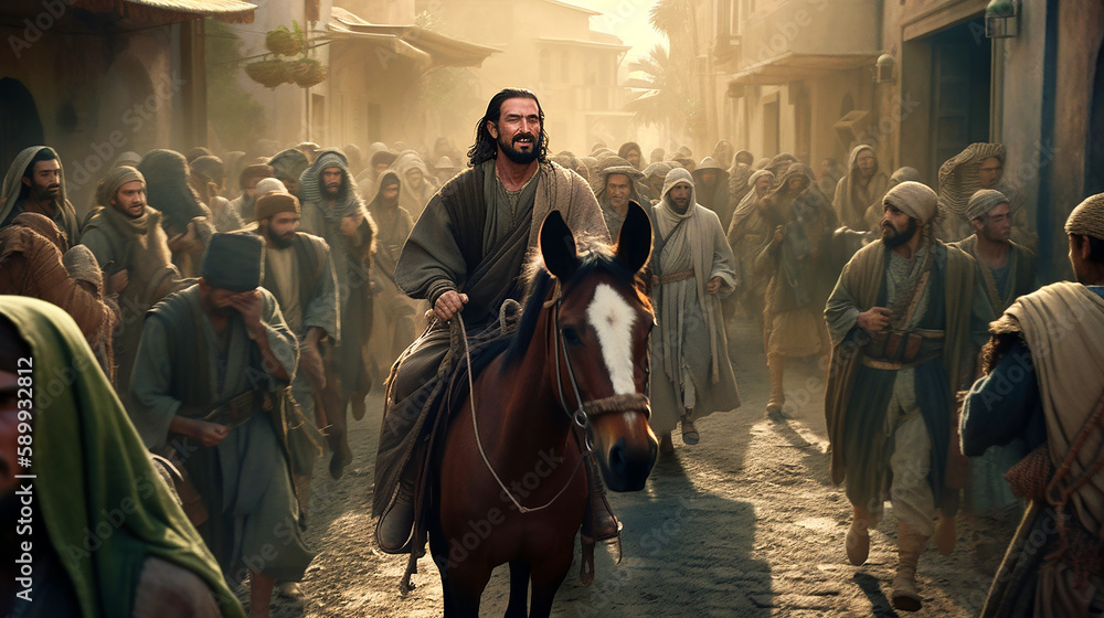 Jesus christ riding a donkey into jerusalem.Ai generativ. Stock ...