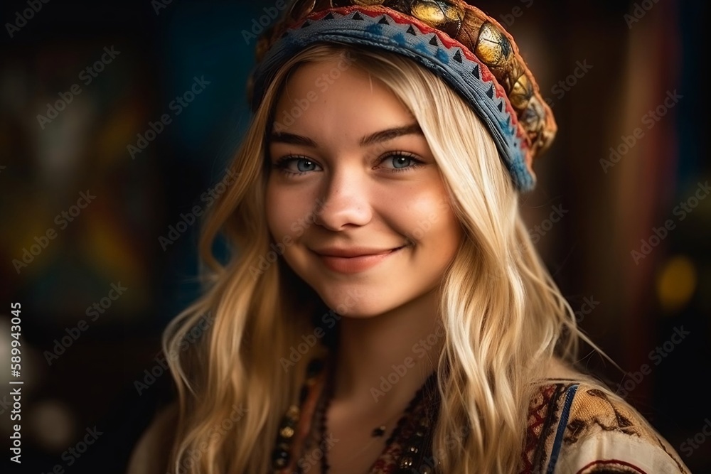 portrait of stunning teen girl from Brazil with Blonde hair and hazel eyes in traditional ...