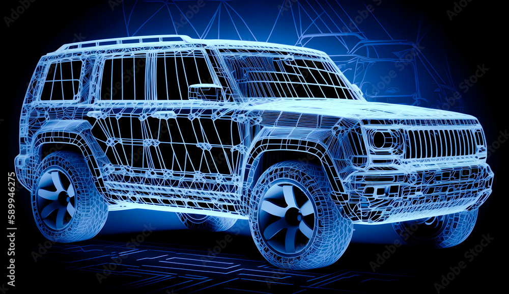 Futuristic side view of jeep or SUV car wireframe with technology blue ...