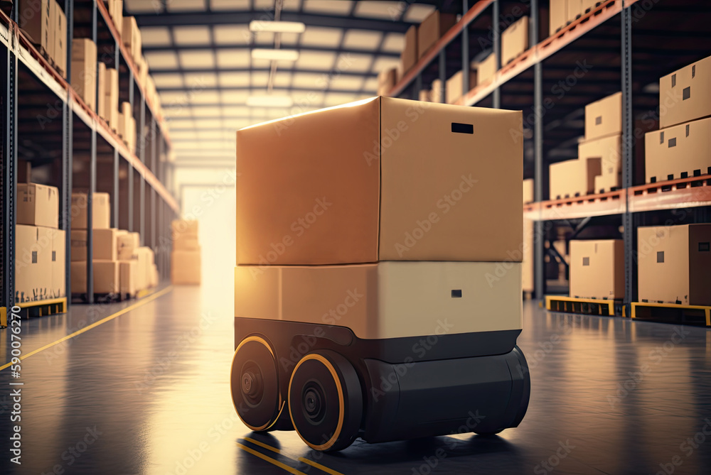 Mobile robot transporting a box in a warehouse. Automated retail ...