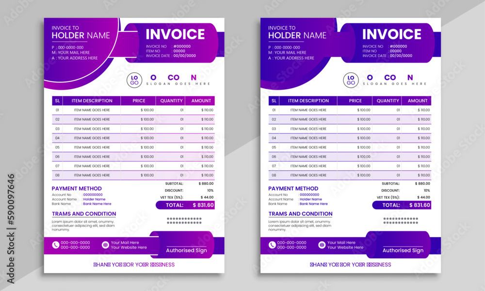 a4 invoice stationary template with table, print invoice design ...