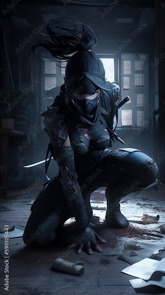 beautiful and terrifying female cyberpunk ninja posing on floor ...
