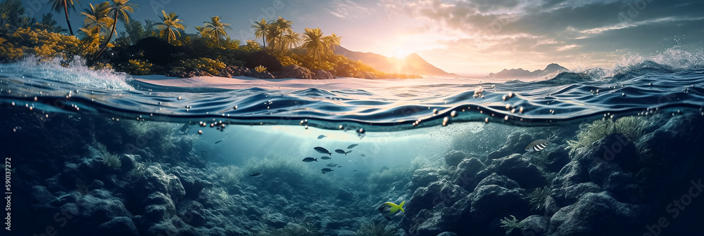 Island in ocean, abstract environmental background. Long banner with ...