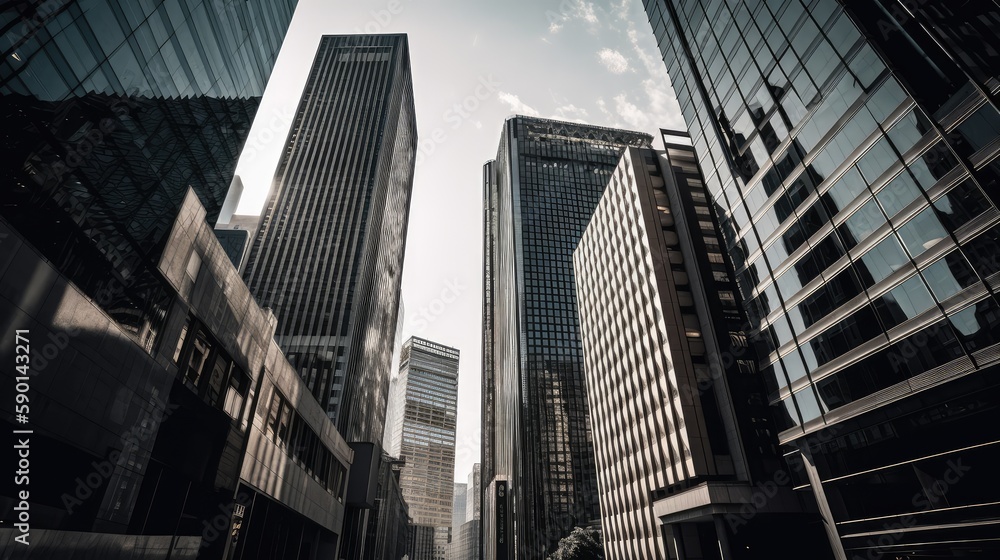 The narrow passage between modern residential buildings. Walls of high ...