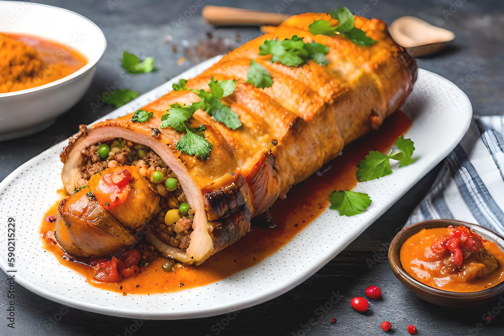 Lechona, a dish of pork wrapped in red sauce with green beans and peas ...