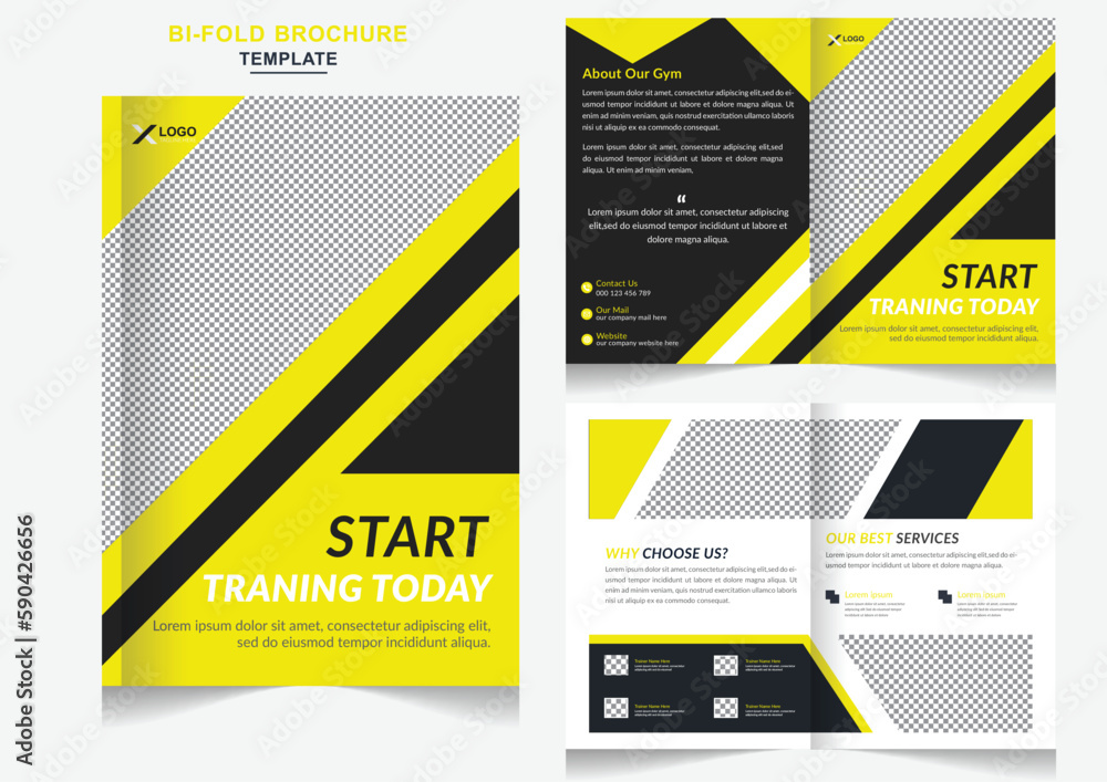 Modern Gym Bifold Brochure design with multiple color abstract shapes ...