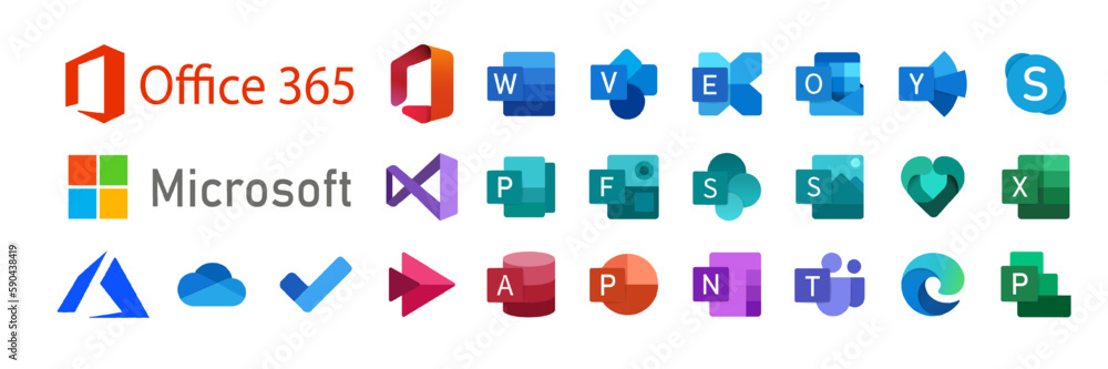Microsoft Office 365 - popular office applications for different tasks set of logos. Vector ...