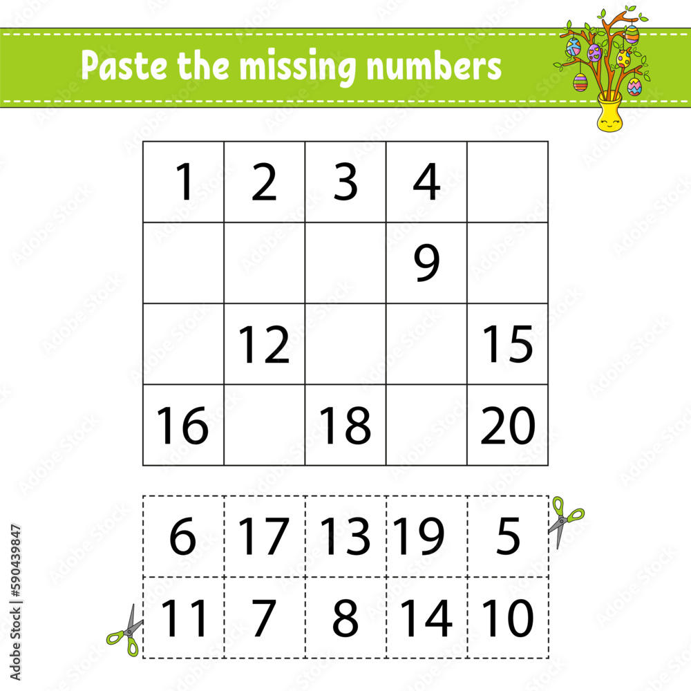 Paste the missing numbers 1-20. Game for children. Handwriting practice ...