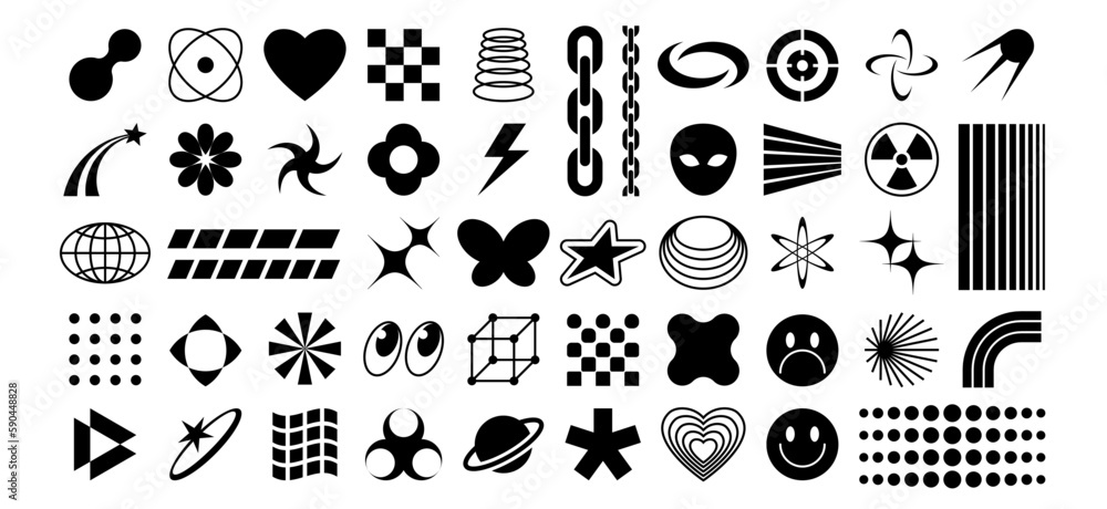 Y2k icons. 70s rave pop symbols, futuristic stars, planet and alien ...