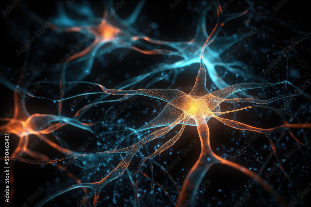 Conceptual illustration of neuron cells with glowing link knots. Blue ...