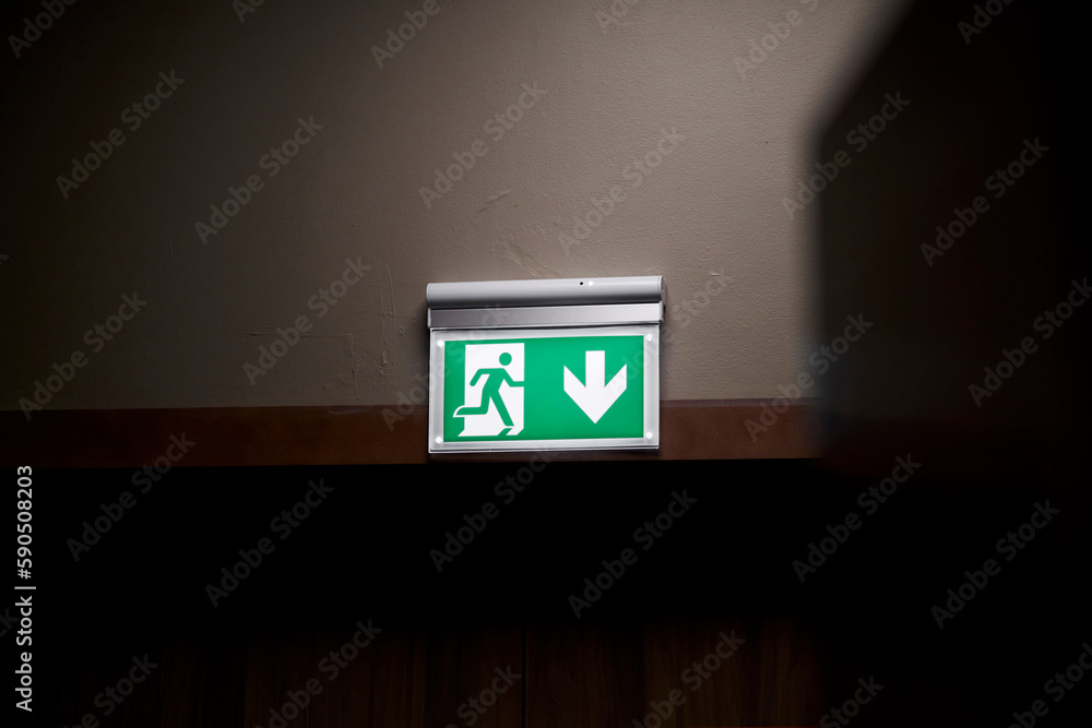 exit icon, close-up. Direction to the emergency exit. a green light ...