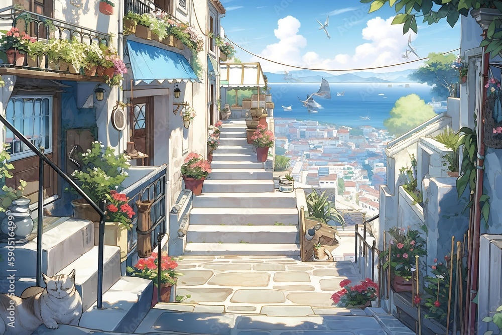 Ilustração beautiful ancient greek coastal fantasy town, ancient greek ...