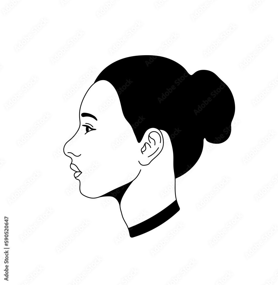 Vector isolated woman head with black hairs profile portrait side view ...
