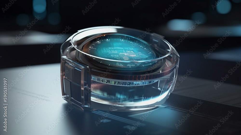 A futuristic wristwatch with a holographic display that projects the ...