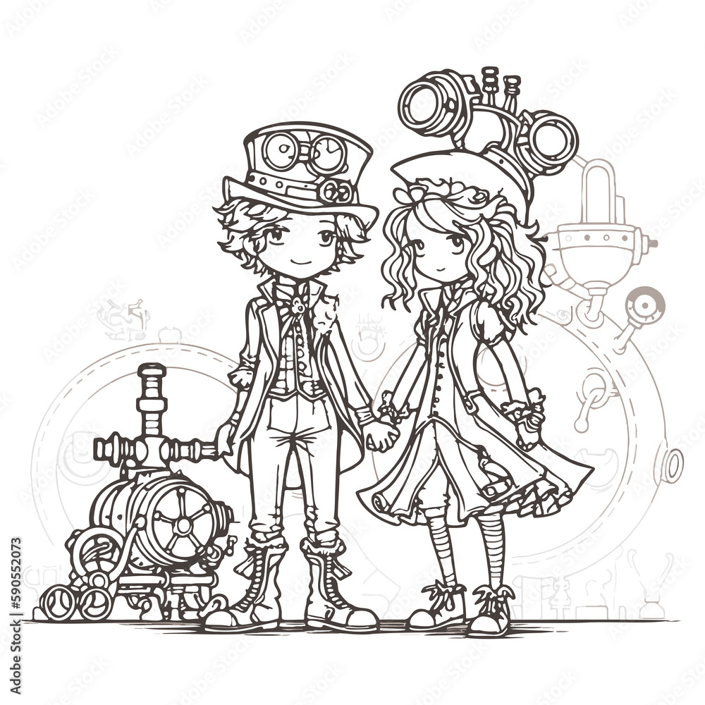 cute cartoon characters, two steampunk styled people dating, coloring ...