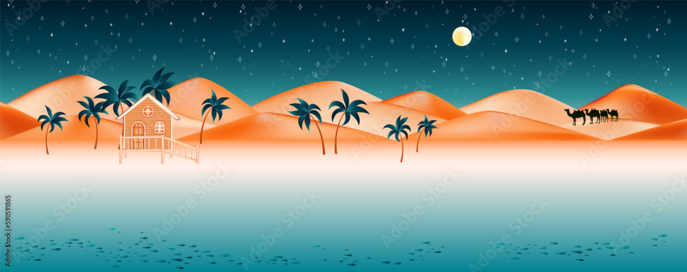 Summer house in Namib desert oasis near the ocean and sand dunes ...