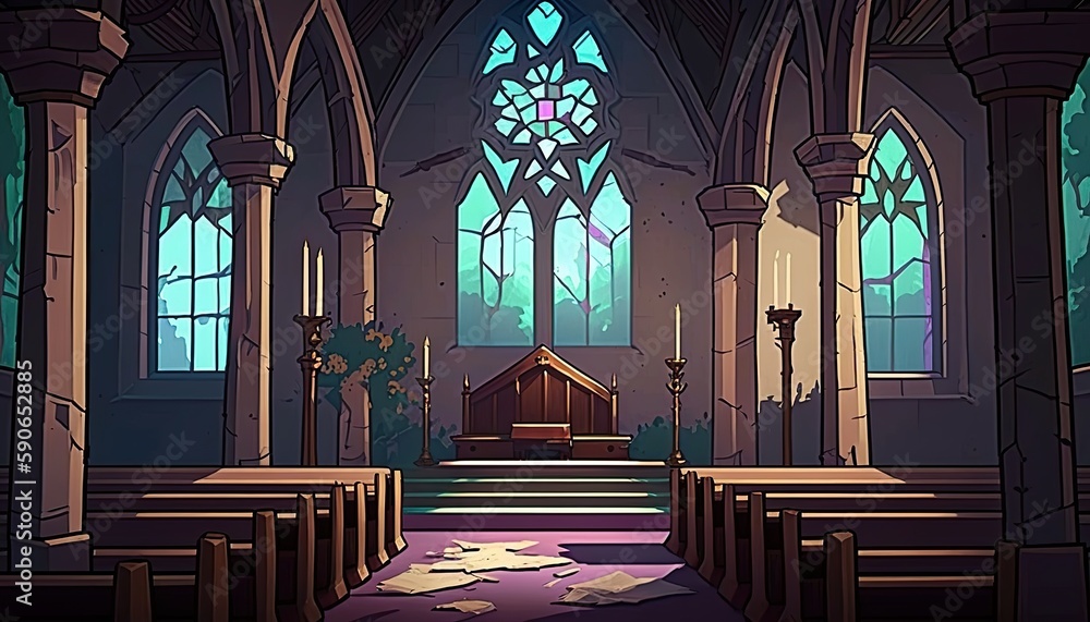2D interior of old stone church background environment for a battle ...