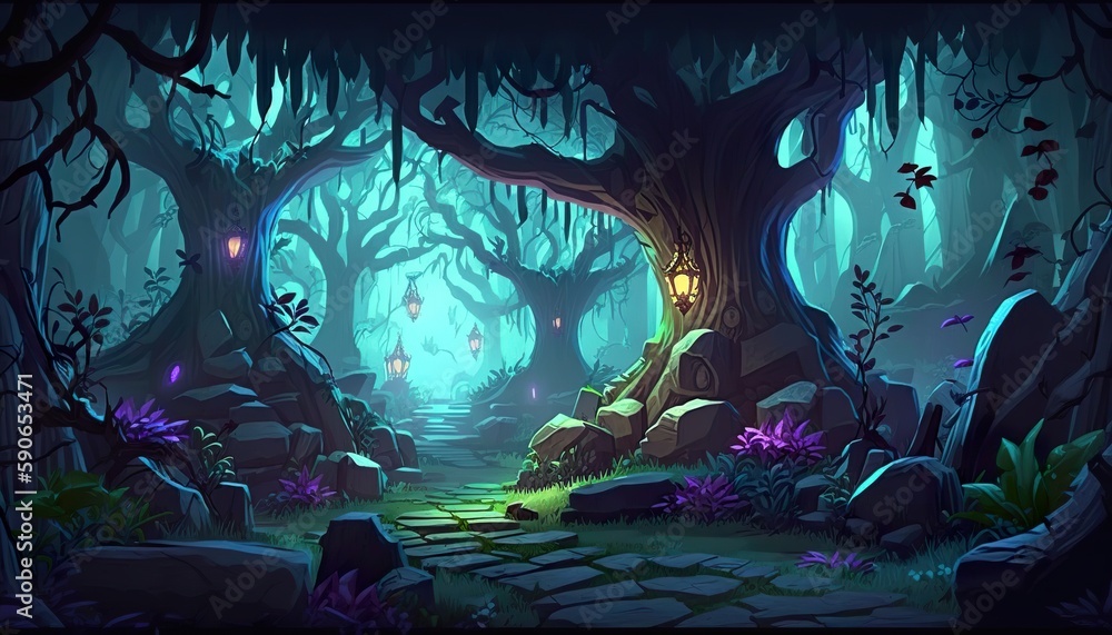 2D abstract and magical enchanted forest background environment for a ...
