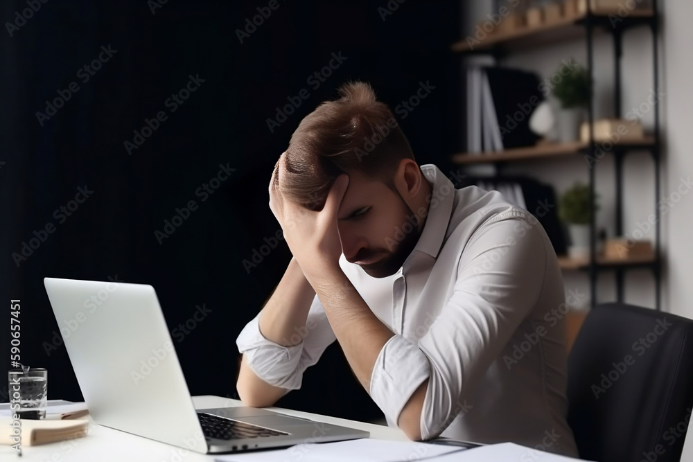Stressed Man at Office Workplace Generative AI. Depict the modern ...
