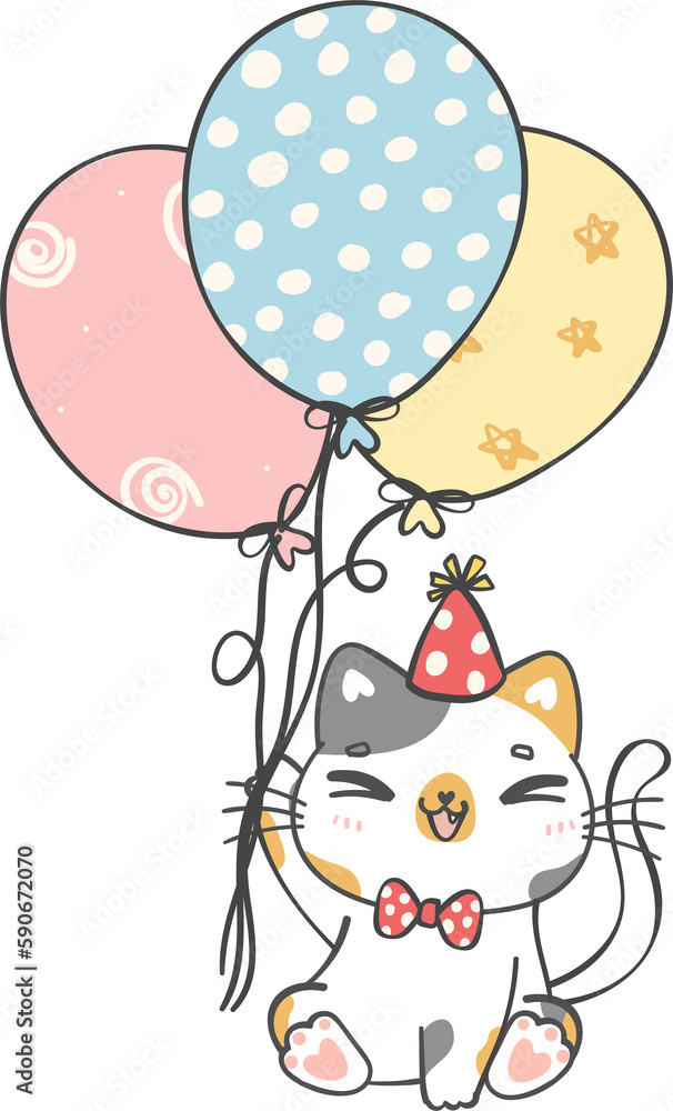 Cute playful birthday cat with balloons celebrating party cartoon doodle hand drawing Stock ...
