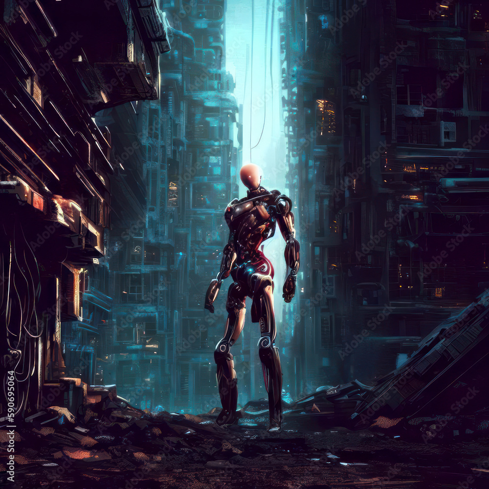 Cyborg robot in a ruined dystopian city, post apocalyptic cyberpunk ...