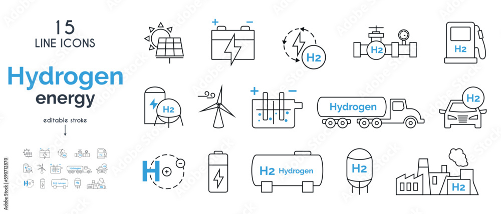 Green hydrogen fuel production icons set. water electrolysis, hydrogen ...