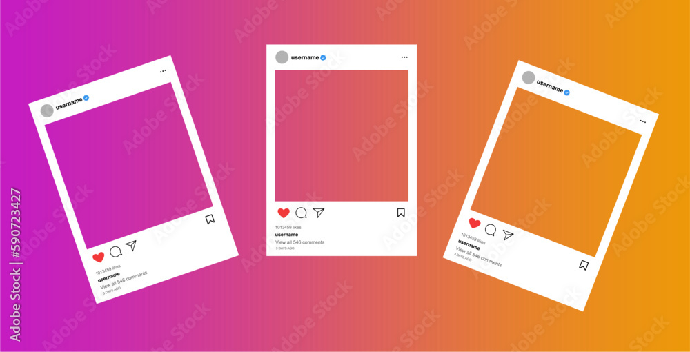 Instagram post feed frame template mockup set isolated on transparent background. Social media ...