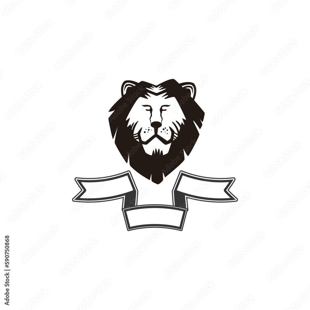 Lion logo vector illustration, emblem design with ribbon element Stock ...