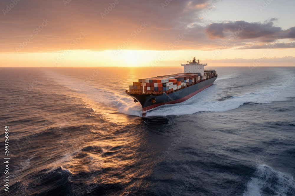 container ship on the high seas, sunset, ocean transport, cargo ...