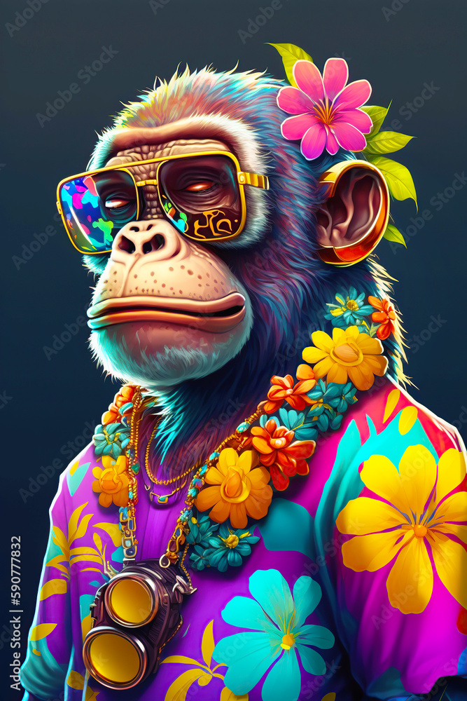 Cool monkey dressed in Hawaiian clothes and sunglasses, nft style, Created with generative AI ...
