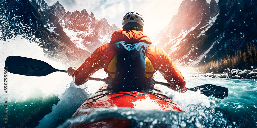 Kayak sails on river mountain with sun light. Banner adventure kayaking ...