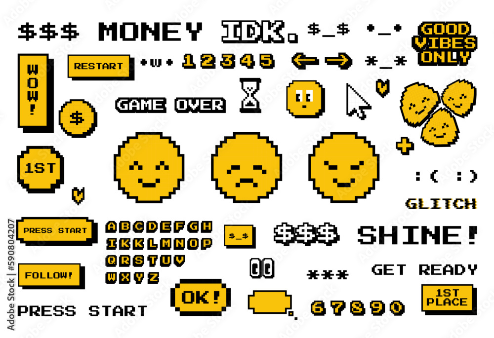 Pixel Arcade Icons, Shapes. Yellow Retro Game Y2K 90s Cursos, Smiley ...