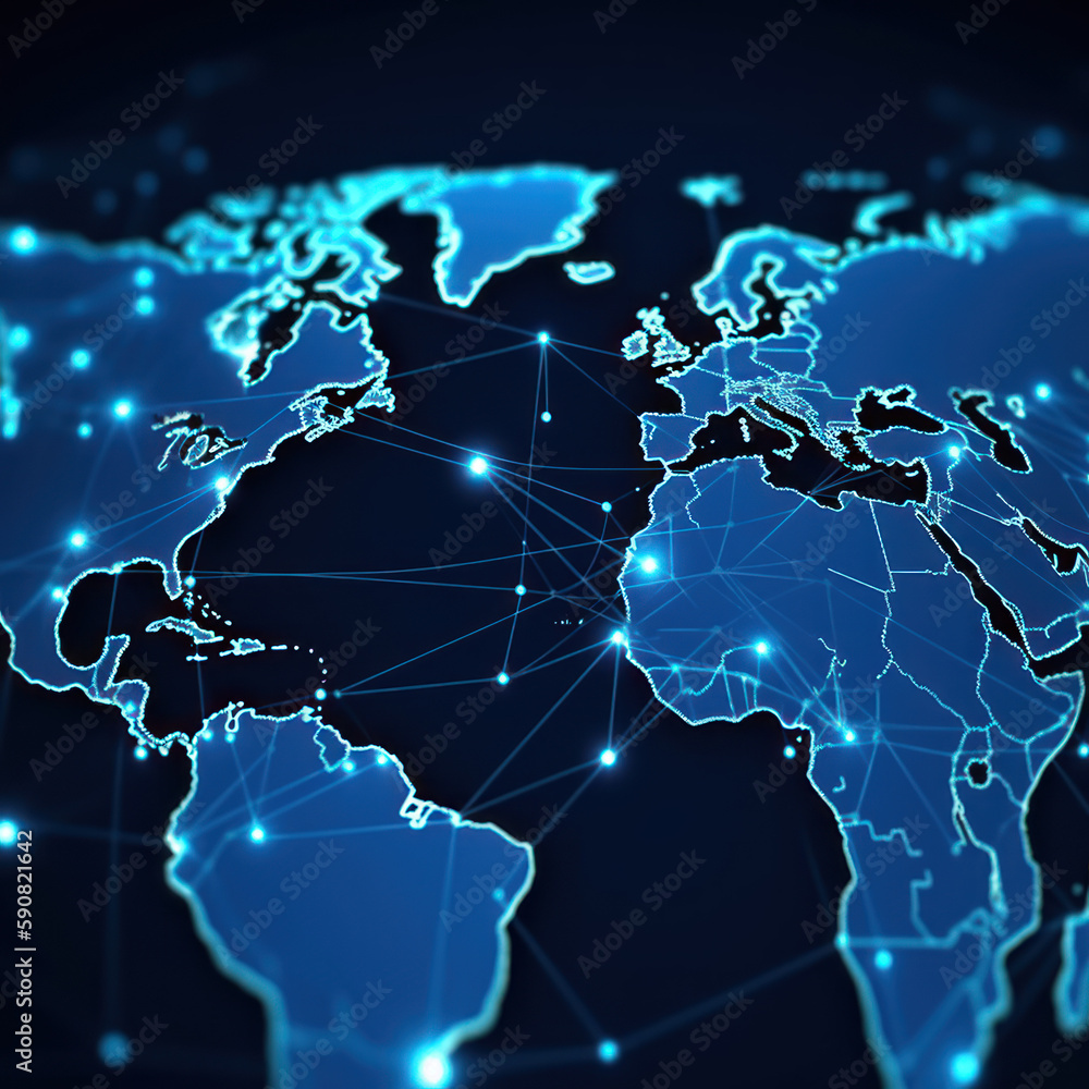 Connecting the World: Blue World Map with Glowing Lines Illustrates ...