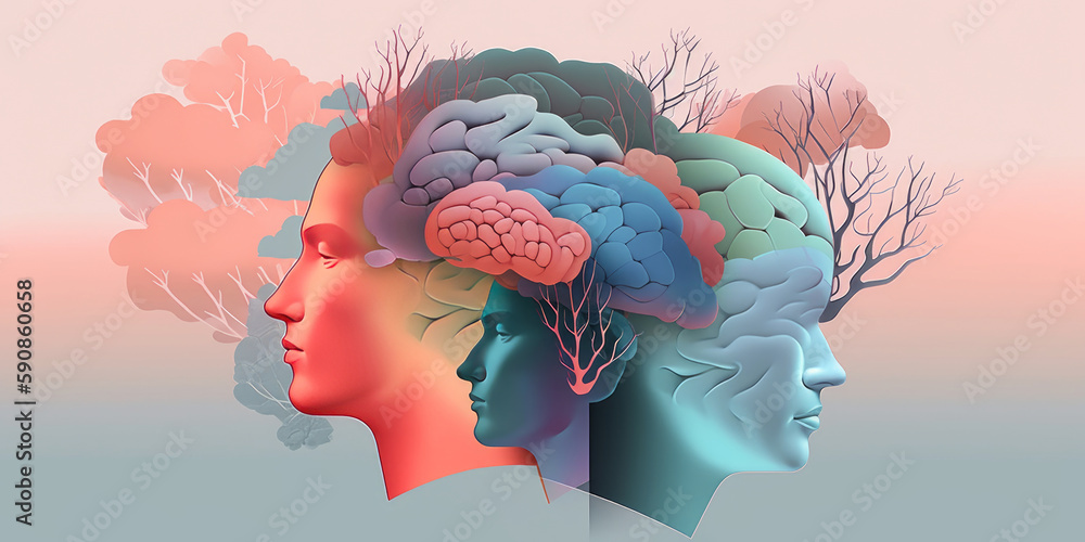 Ilustración de Stock overthinking, salud mental, cerebro pensando, creado con IA generativa ...