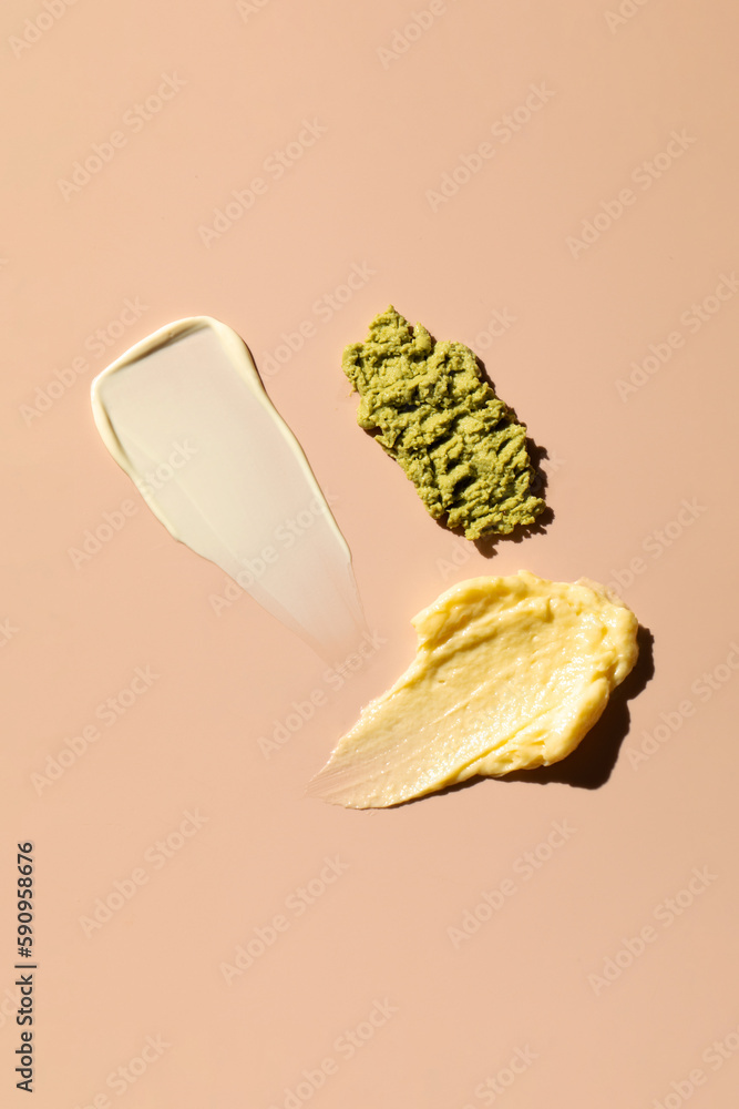 Samples and textures of various cosmetics for skin and hair care ...