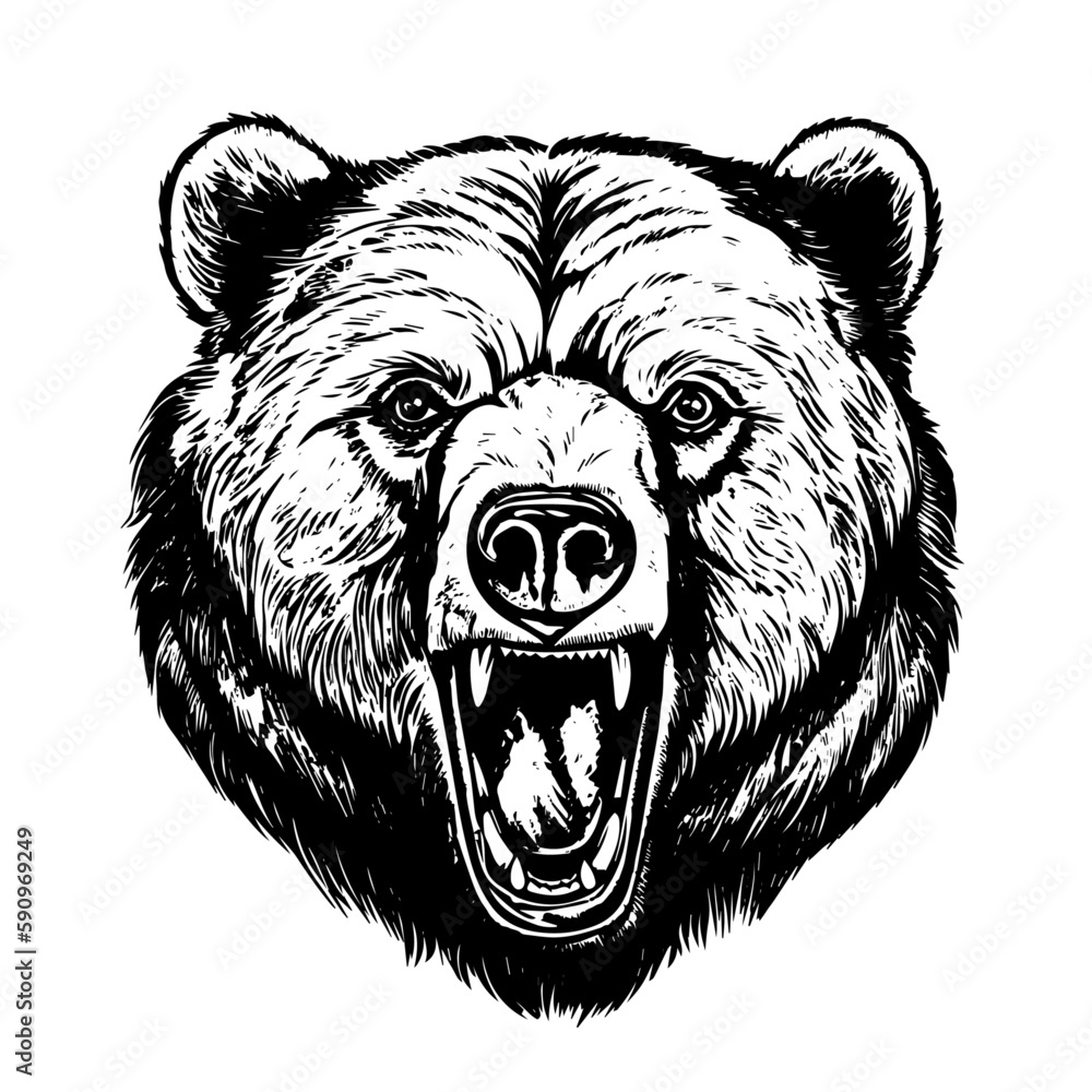 portrait realistic angry grizzly bear tattoo isolated black and white ...