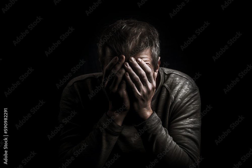 Depressed man sitting in dark room with hands on his face on black ...